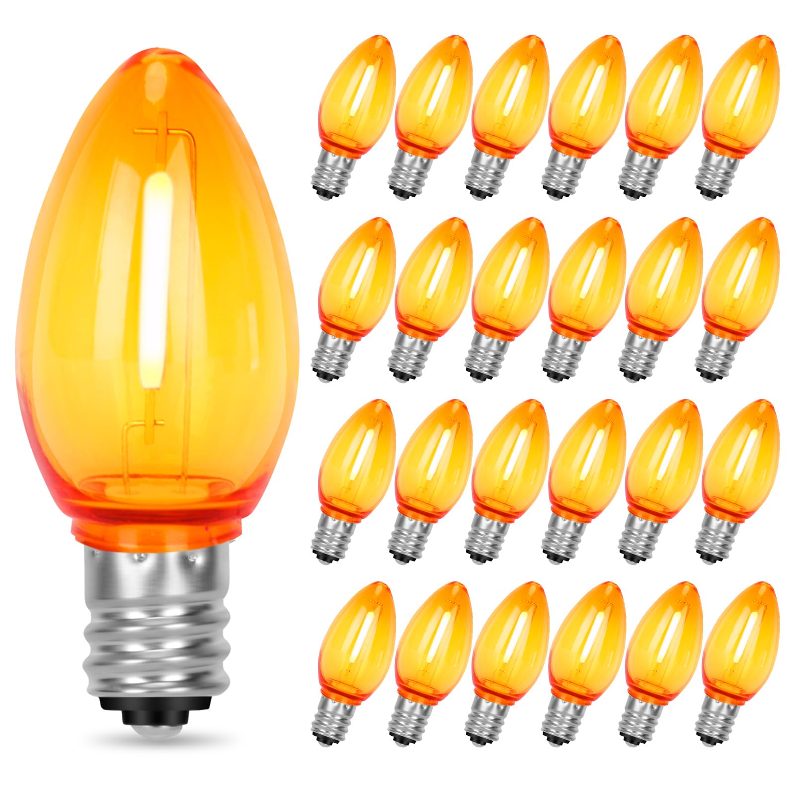 A-OKHOSE 25 Pack C7 Orange LED Replacement Bulbs, Christmas Clear Orange String Light Bulbs, Bright Plastic Shatterproof LED Bulb for Christmas Outdoor String Lights, Candle Lights and Night Lights