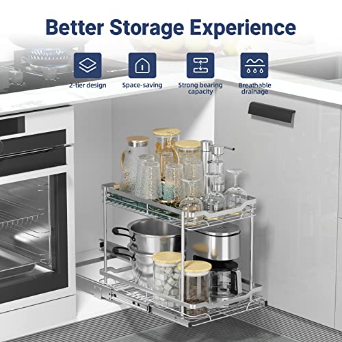 Amazer Pull Out Cabinet Organizer, 2 Tier Pull Out Drawers for Kitchen Cabinets, Slide Out Pantry Shelves 14.2"D×20"W Sturdy Cabinet Organizer Pull Out Drawers, Cabinet Pull Out Shelves Metal-Chrome