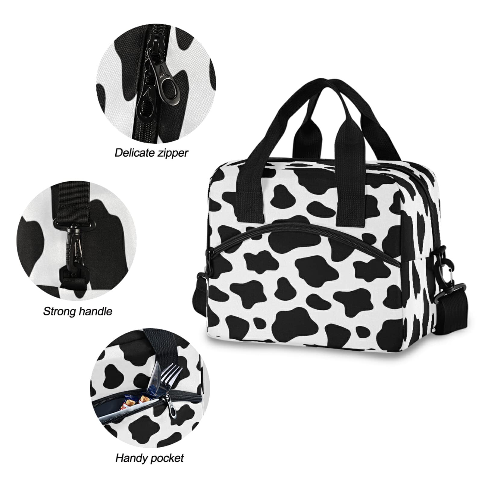 ALAZA Black White Cow Print Lunch Bags Lunchbox Cooler Bag Reusable Tote Shoulder Bag Insulated Lunch Box for Outdoor Picnic Boating Work School