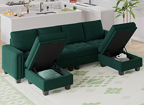 Belffin Velvet U Shaped Sectional Sofa Couch with Storage Ottoman Convertibel Sectional Sofa with Reversible Chaises Green