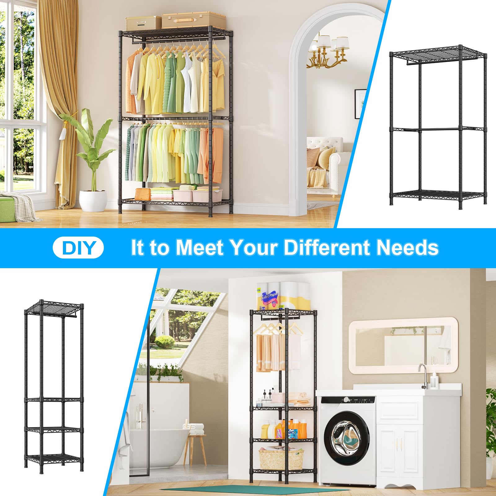 Ulif E10 Clothes Rack(With Stretchable Hanger Rod)Freestanding Clothing Racks for Hanging Clothes,Adjustable Closet Organizer System,Portable Garment Rack 73-97"W x 15" D x 72" H,Max Load 800LBS,Black