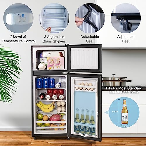 Anukis Compact Refrigerator 4.0 Cu Ft 2 Door Mini Fridge with Freezer For Apartment, Dorm, Office, Family, Basement, Garage, Black