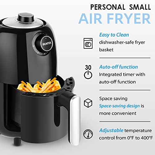 iRUNTEK Small Mini Air Fryer, 1.3Qt Compact Air Fryer with Recipe Book and 50pcs Parchment Paper Liners, User Friendly, Dual Knob Control, Non-Stick, Black