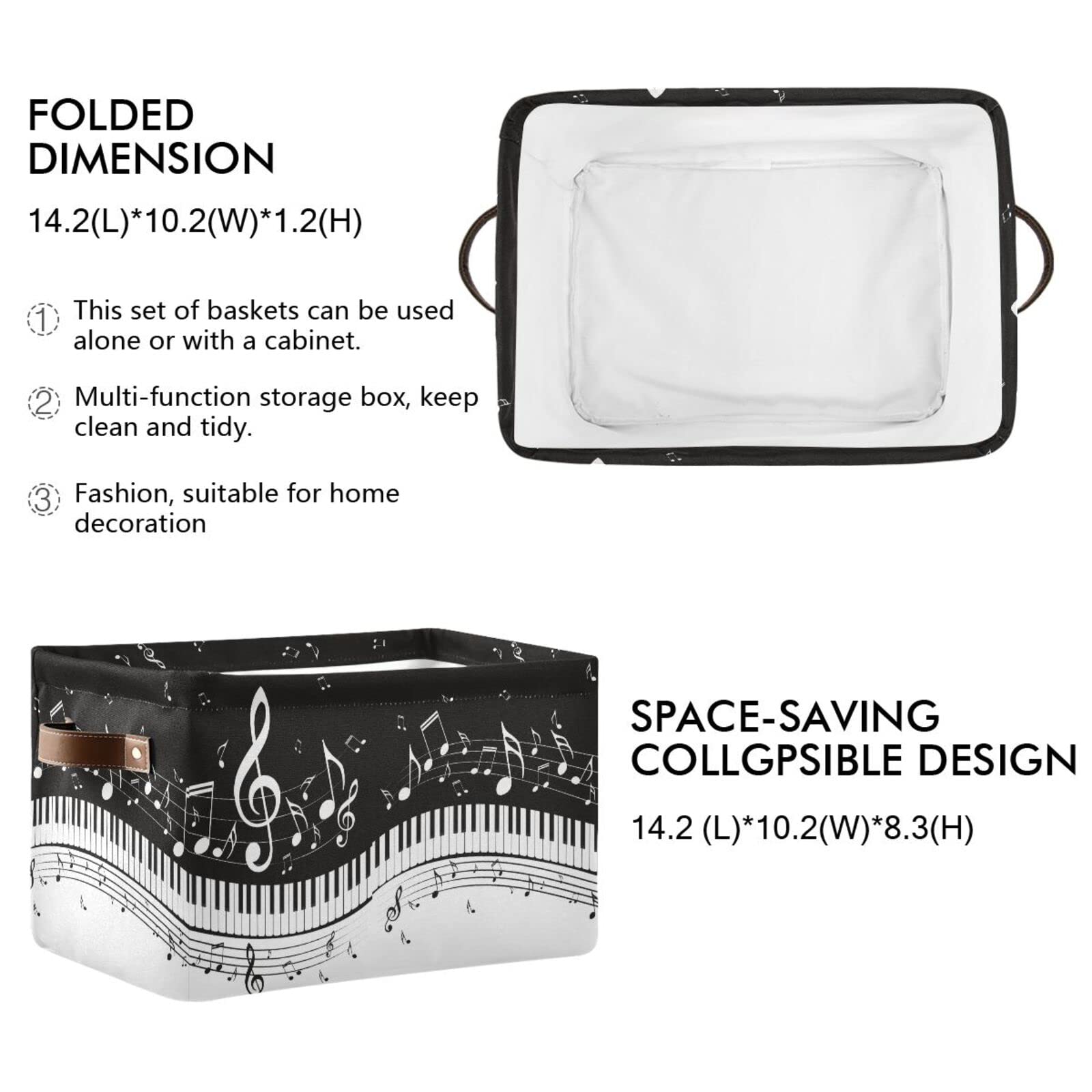 ALAZA Piano Key Music Black Large Storage Basket with Handles Foldable Decorative 1 Pack Storage Bin Box for Organizing Living Room Shelves Office Closet Clothes