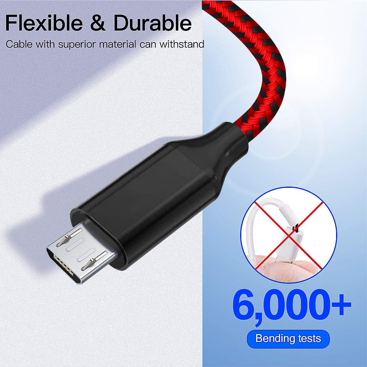 6FT Micro USB Cable Android Charging Cable Fast Phone Charger Cord Compatible with Kindle Fire 7/8 Tablet/Fire Stick,Samsung Galaxy S7 S6 Edge,Galxy Tab A 10.1,Xbox Controller,Playstation 4(Red Black)