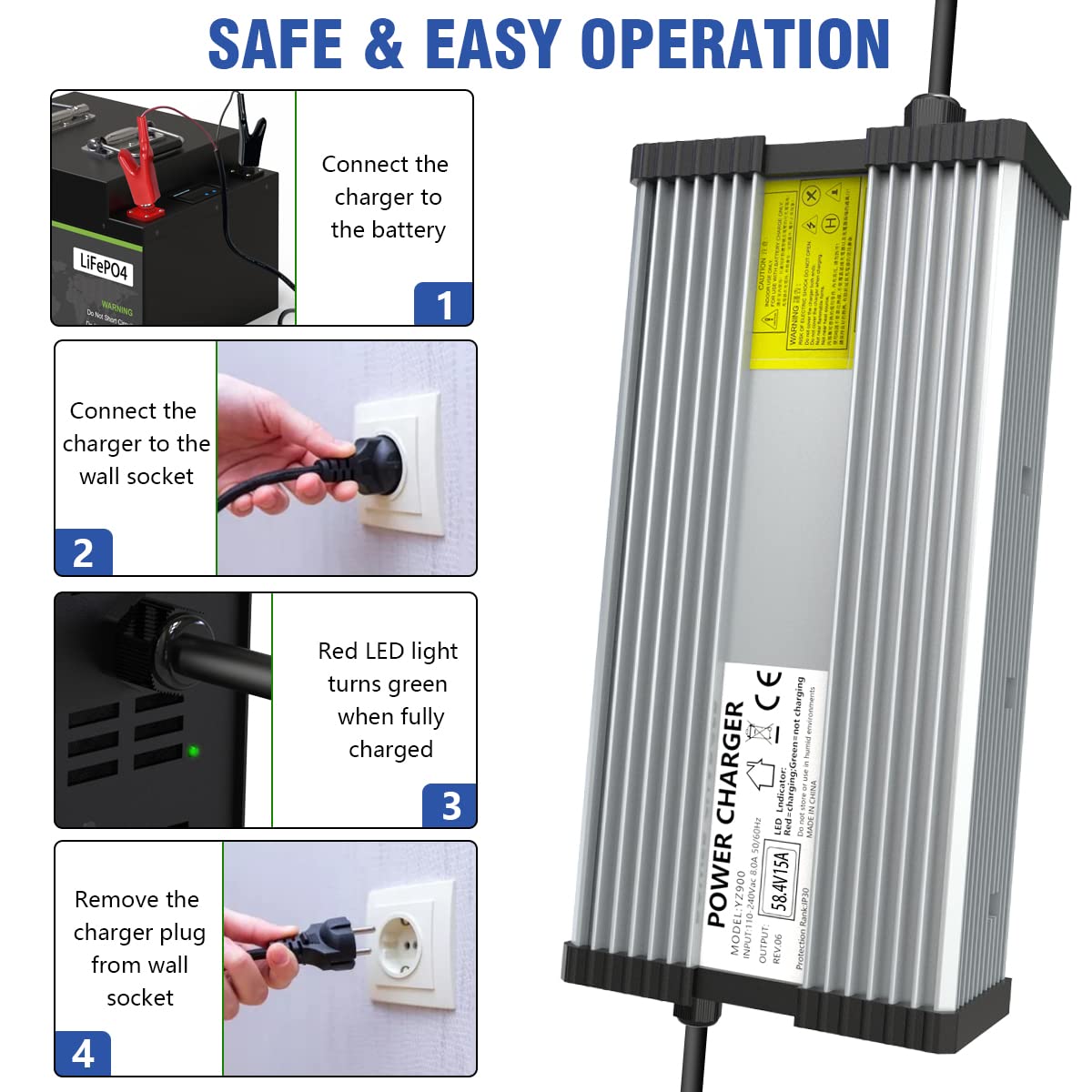 58.4V 15A Intelligent Lithium Iron Phosphate Batteries Charger 48V LiFePO4 Battery Charger Dedicated Designed for 48V LiFePO4 Batteries