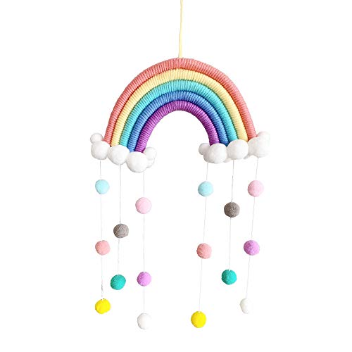 Macrame Rainbow Wall Hanging Decor Pom Pom Garland Colorful Ball for Kids Room Girls Bedroom Baby Shower Nursery Decorations Kids Room Wall Decor for Bedroom Playroom Classroom