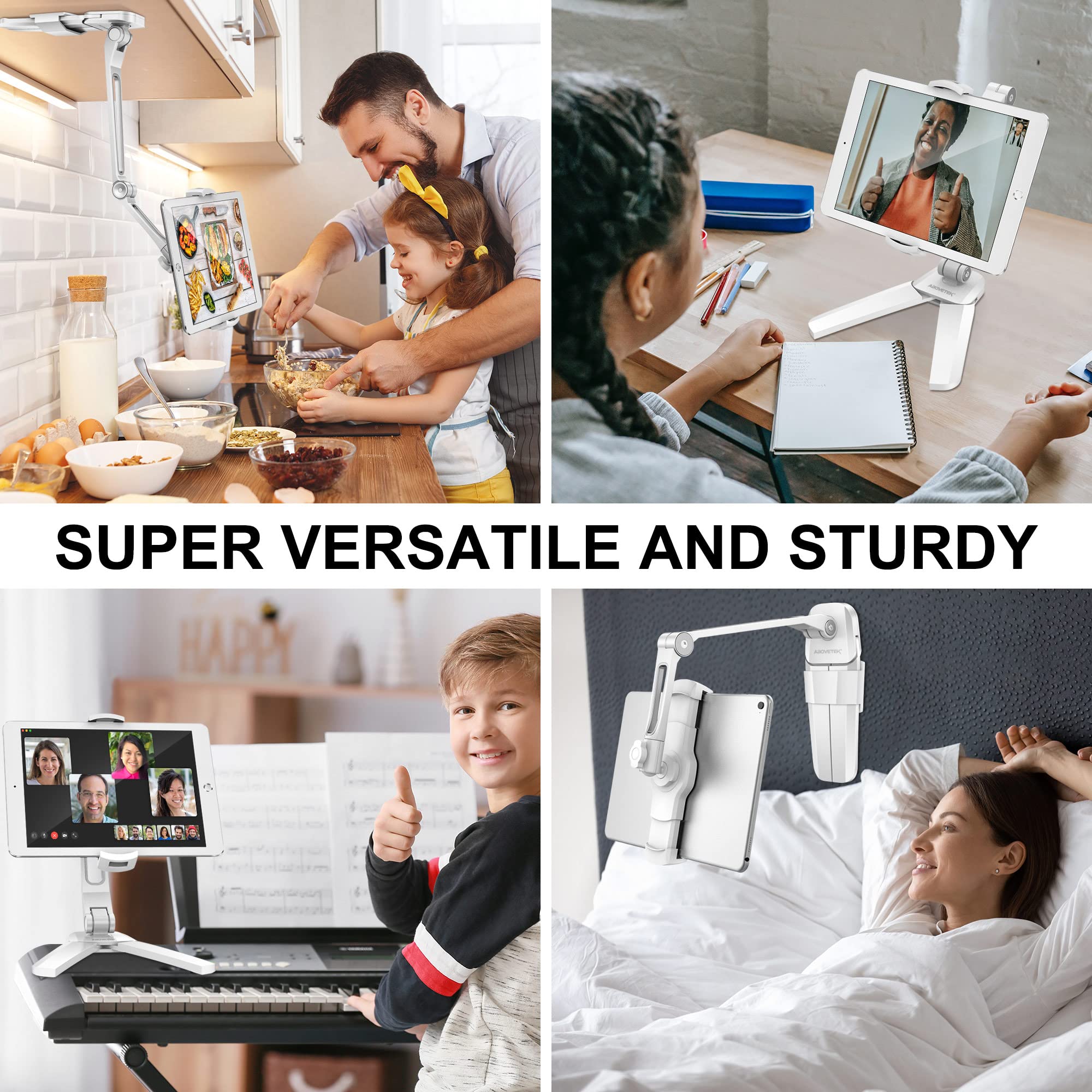 AboveTEK Under Cabinet iPad Mount, 3 in 1 Highflex 360° iPad Wall Mount for Kitchen, Tablet Celling Under Counter Holder, Kitchen iPad Stands Fits 4.7" to 13.5" iPad, Mini, Air, Surface Pro - White