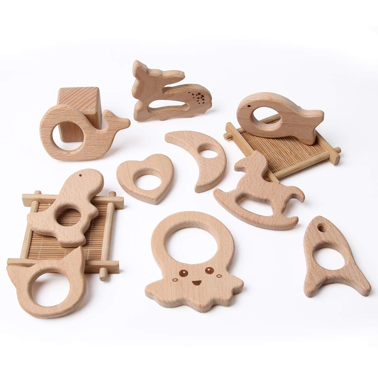 Baby Organic Wood Teether Set DIY Rattle Ring for Infant Gum Relief Grasping Toy Jewelry Holder, Rocket Heart Moon Jellyfish Hobbyhorse Bear Dinosaur Fish Deer Whale