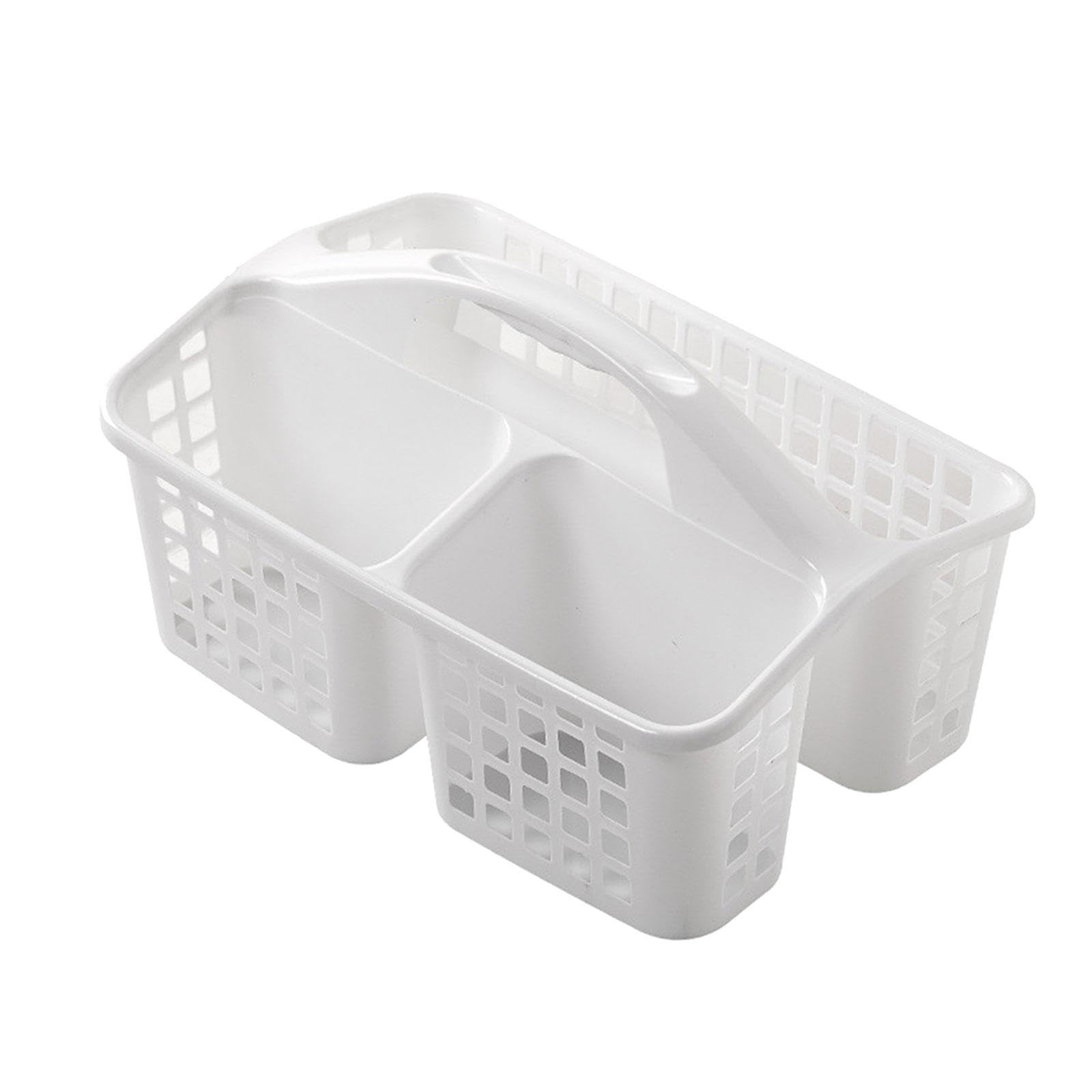 Bathroom Shower Caddy Basket with Handle Cleaning Tote Bins Cleaning Supplies Organizer Ventilated for College Dorm with 3 Compartments, White