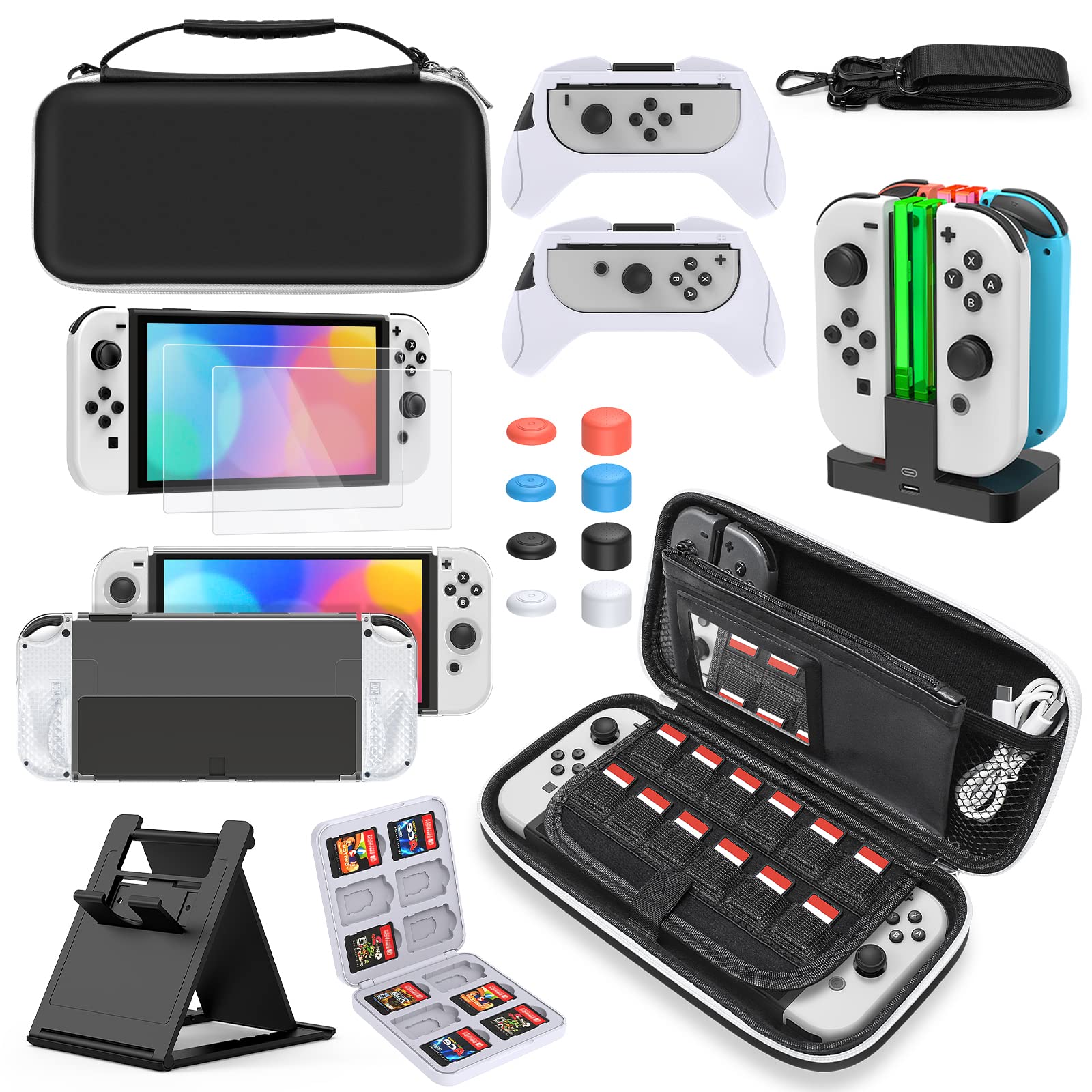 Accessories Bundle Compatible with Nintendo Switch OLED Model, Switch Carrying Bag with Charging Dock, PlayStand, Clear Case Cover, Screen Protector, Thumb Grips Caps, Game Card Case, Steering Wheels