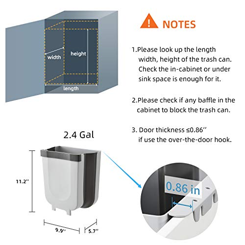 Subekyu Small Hanging Kitchen Trash Can, Collapsible Mini Garbage Bin for Cabinet/Car/Bedroom/Bathroom, Plastic, Grey, 2.4 Gallon