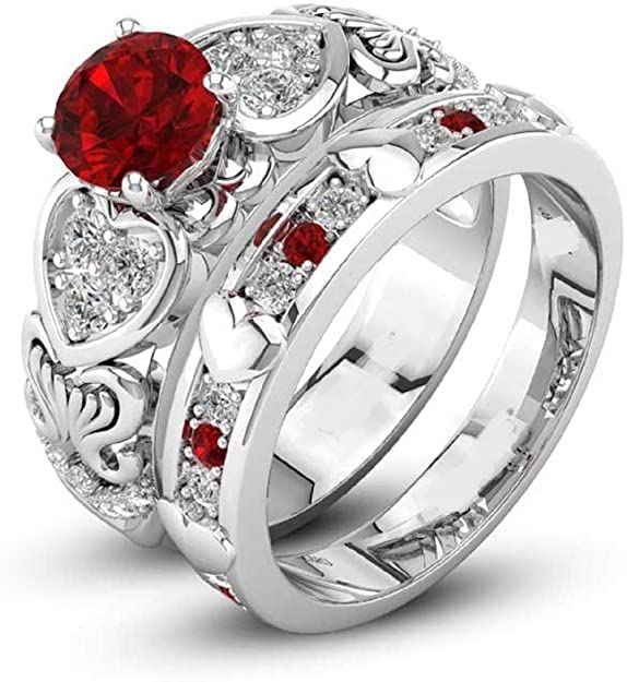 3Ct Round Cut Red Garnet & Diamond Flower Inspired Wedding Bridal Ring Set 14k White Gold Finish (5)