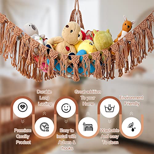 HKCDUUT Stuffed Animal Hammock, Macrame Boho Plush Toy Storage Net, Hanging Hammock for Stuffed Animals Pet, Wall Corner Toy Storage Holder Teddy Bear Net for Nursery Kids Bedroom, Caramel