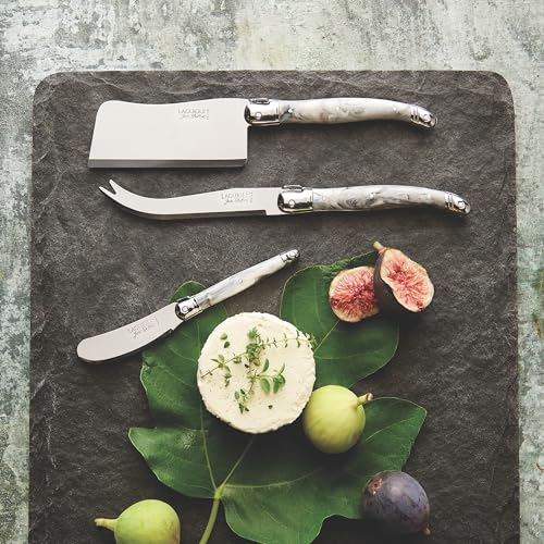 Jean Dubost Laguiole Rustic Range 3-Piece Cheese Knife Set, Olive Wood Handles - Rust-Resistant Stainless Steel - Includes Wooden Tray - Made in France