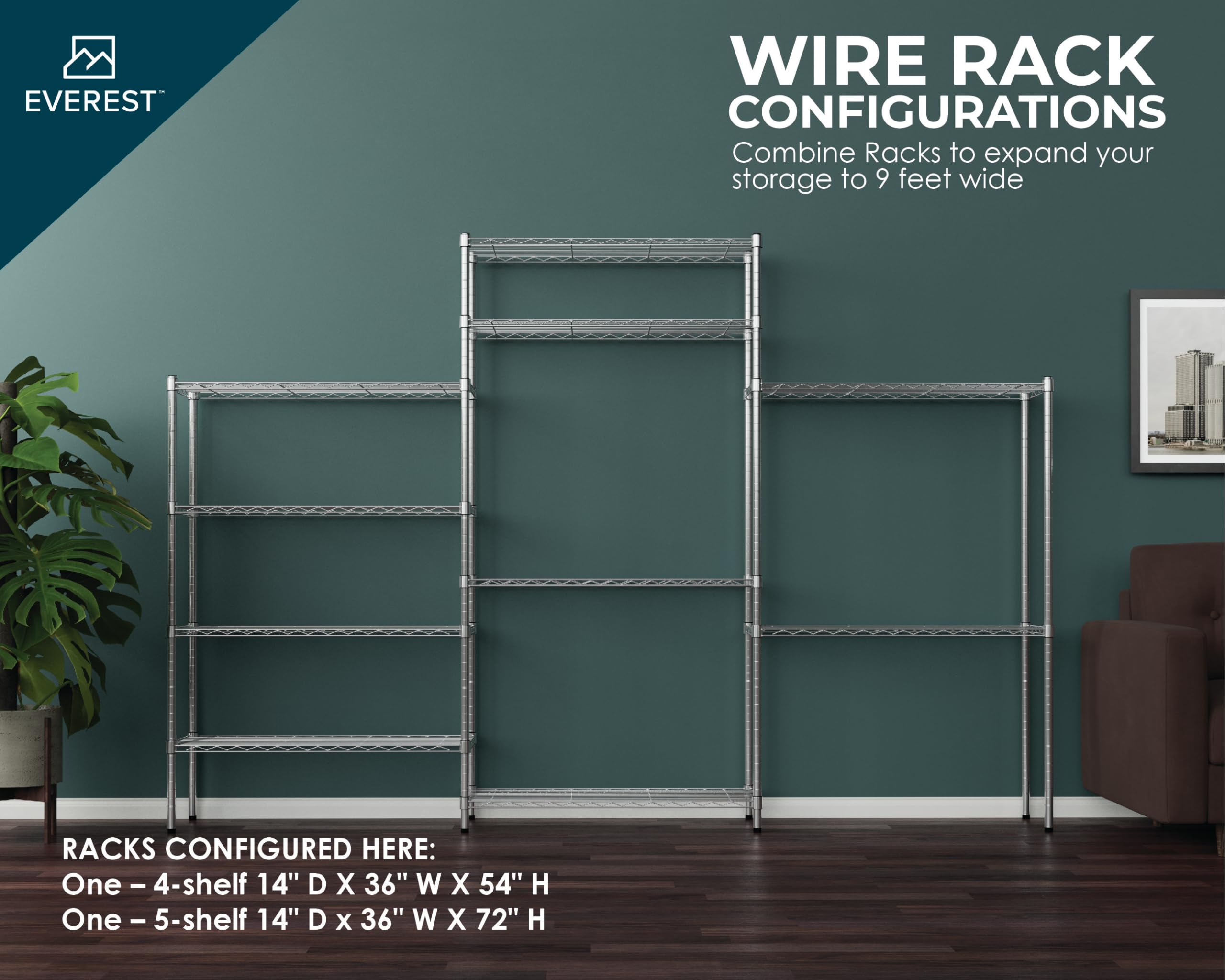 Everest 4-Shelf Shelving Units and Storage, Heavy Duty Storage Shelves (up to 250lbs), Wire Shelving Rack, Chrome Rack Shelf, 14" D x 36" W x 54" H