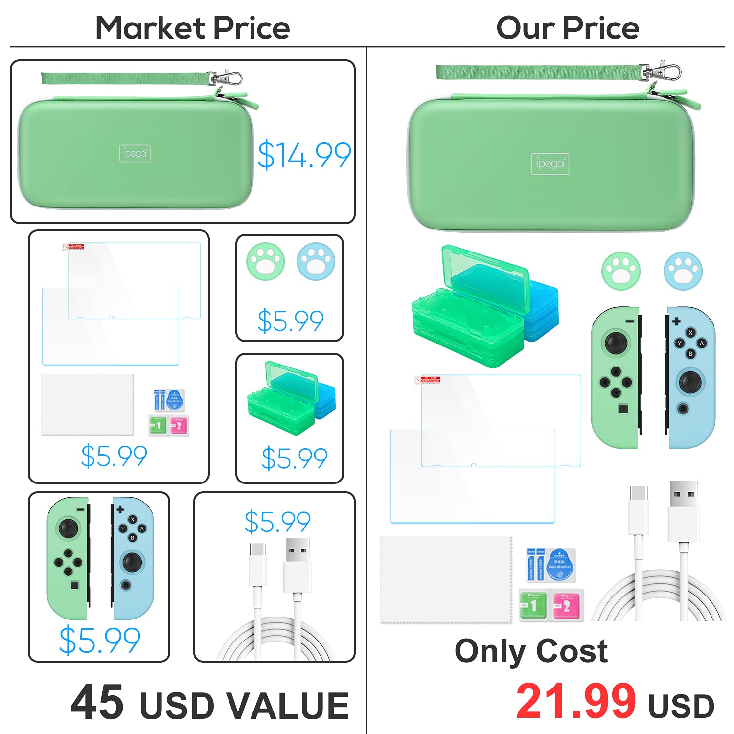 Accessories Kit Bundle for Switch OLED, 12 in 1 Essential Protection Kits Carrying Case for Nintendo Switch OLED Model 2021, Game Storage Case, Screen Protector, Silicone Cover Skin for OLED Joy Con
