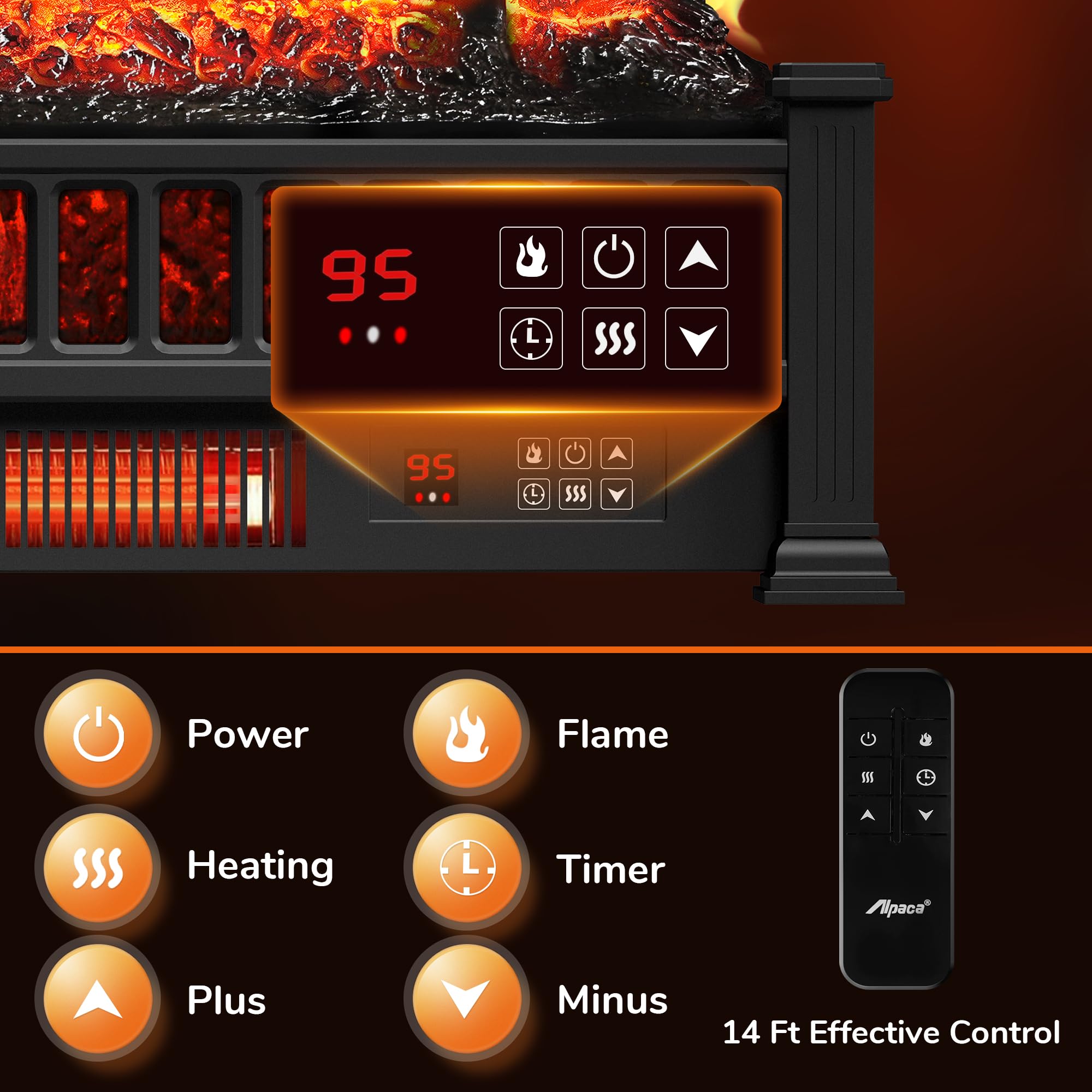 Alpaca Electric Fireplace Logs 20-Inch, Remote Controller Fireplace Insert Log Heater, Adjustable Flame Colors, Realistic Fake firewood Flame, Overheat Protection, Timer, Thermostat, 1500W Black