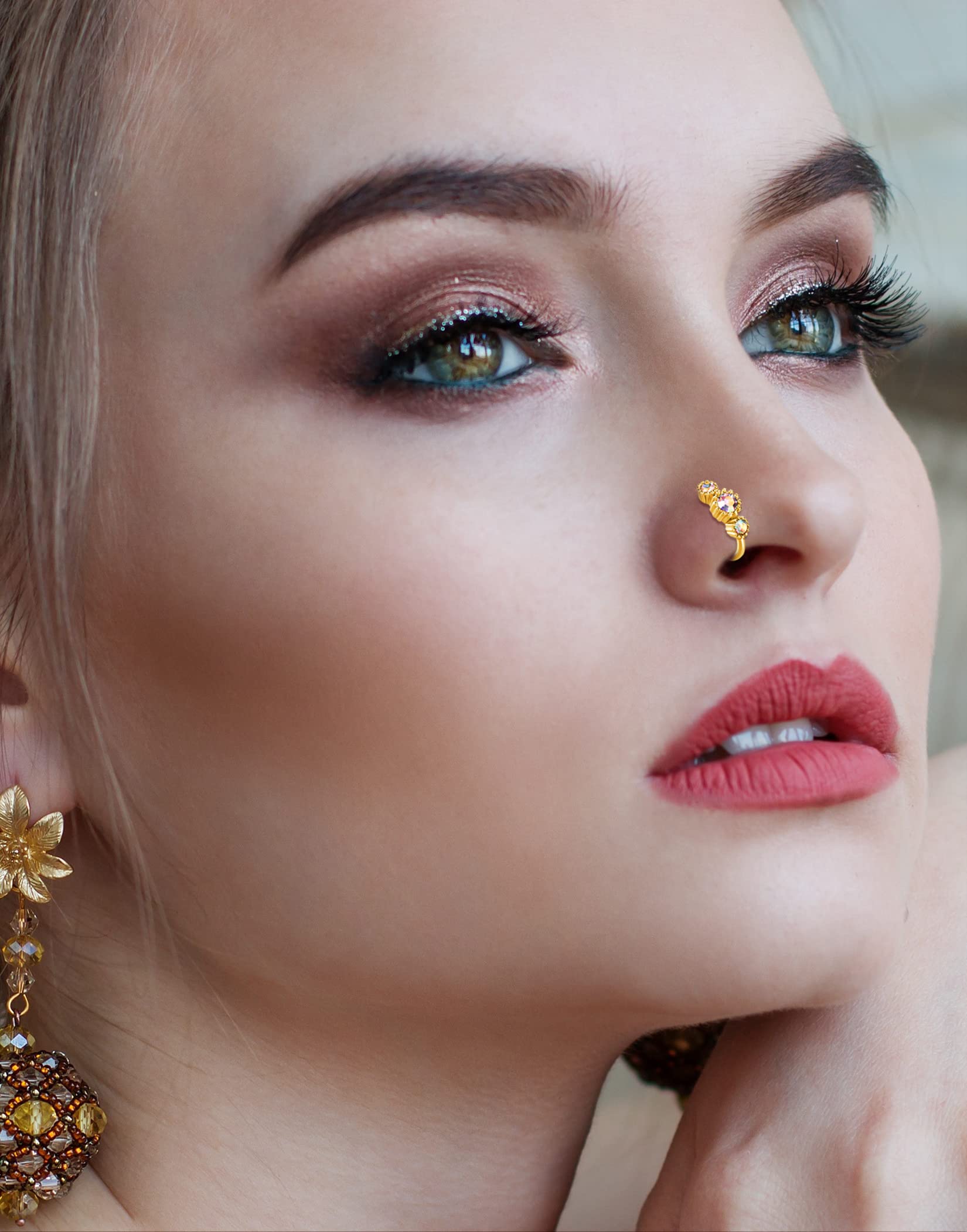 Akeoqi 12Pcs Nose Ring Hoop Cartilage Earring Cute Leaf Star CZ Butterfly Paved Nose Piercing Jewelry 20G for Women men Gold Tone