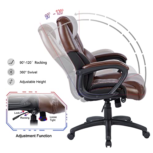 Executive Office Chair 350lbs - Adjustable Built-in Lumbar Support, Leather Office Chair with Spring Cushion, Computer Desk Chair with Padded Armrest, 360° Swivel Chair for Home and Office (Brown)