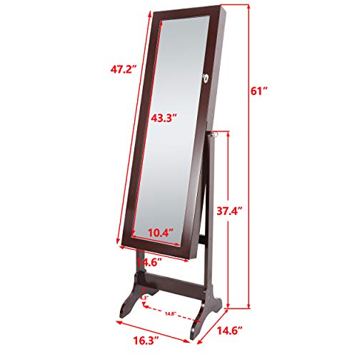 SUPER DEAL 2in1 Free Standing Jewelry Cabinet Lockable Full-Length Mirrored Jewelry Armoire with 5 Shelves Large Storage Capacity Organizer, 4 Angles Adjustable (Brown)