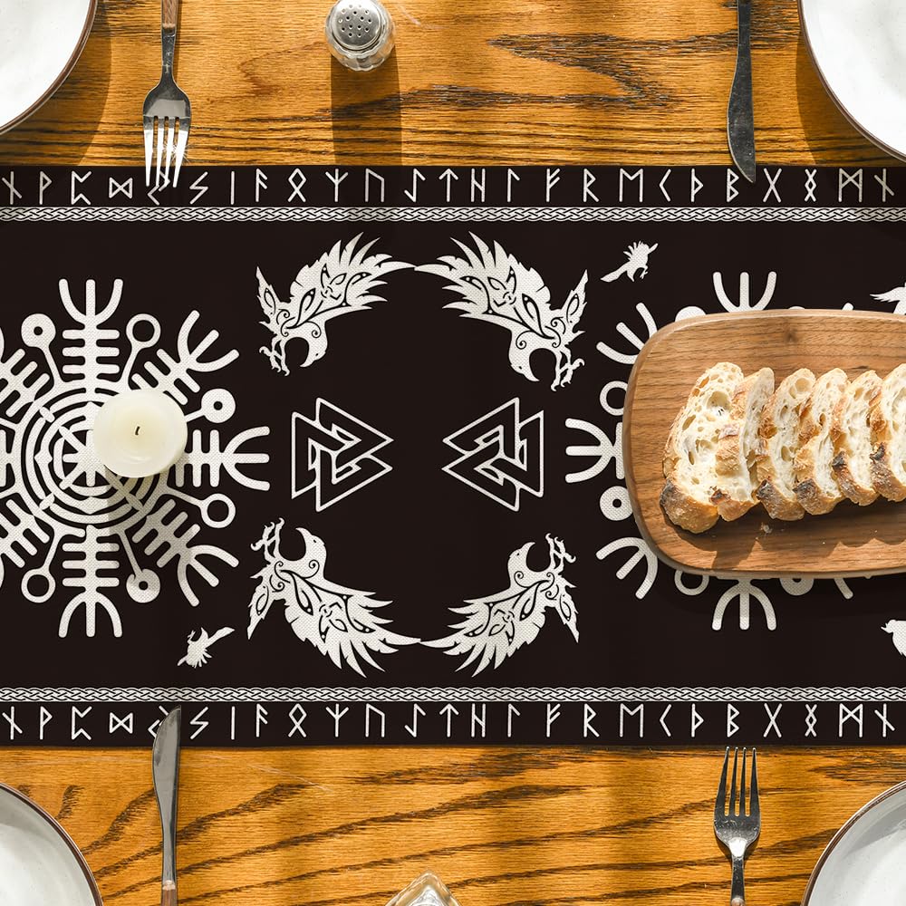 Artoid Mode Black Viking Tree of Life Raven Helmet of Awe Table Runner, Seasonal Kitchen Dining Table Decoration for Home Party Decor 13x72 Inch