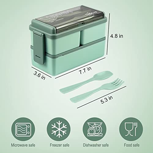 Bento Box Adult Lunch Box, 2 Layer Stackable Bento Lunch Containers for Adult with 3 Compartments, BPA-FREE Bento Lunch Box with Utensil(49 Oz), Leak-Proof Salad Box Microwave Safe Bento Box