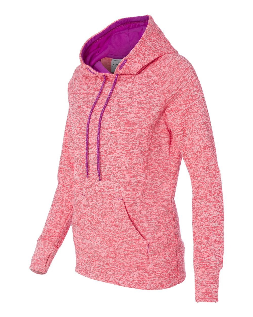 J. America Ladies Pullover Hooded Sweatshirt, Coral/Magenta, X-Large