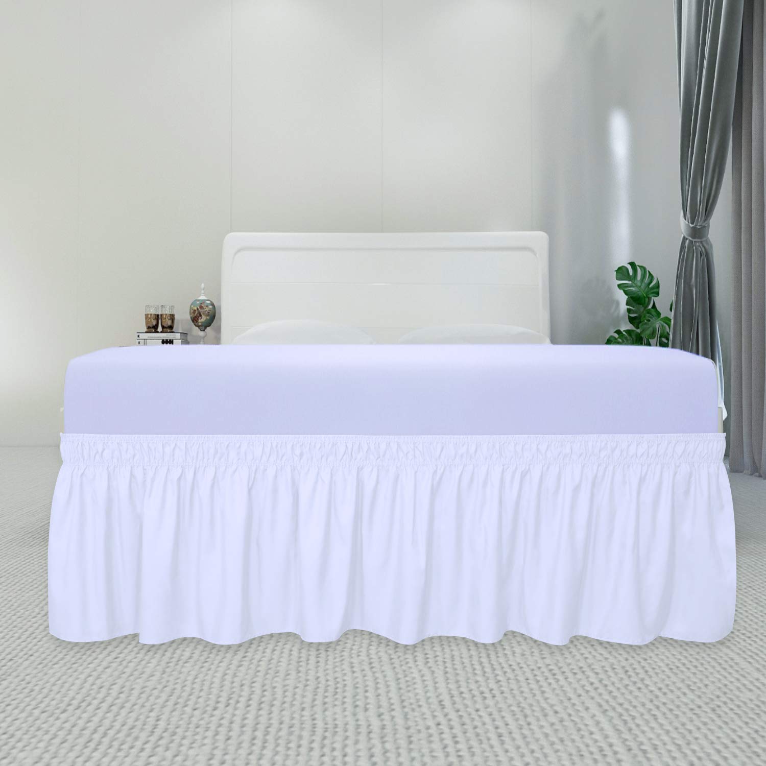PureFit Wrap Around Ruffled Bed Skirt with Adjustable Elastic Belt - 18 Inch Drop Easy to Put On, Wrinkle Free Bedskirt Dust Ruffles, Frame Cover for Queen, King and C-King Size Beds, White