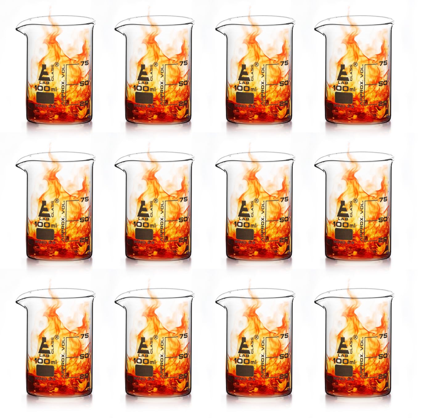 EISCO 12PK Beakers, 100ml - Low Form with Spout - White, 25ml Graduations - Borosilicate 3.3 Glass