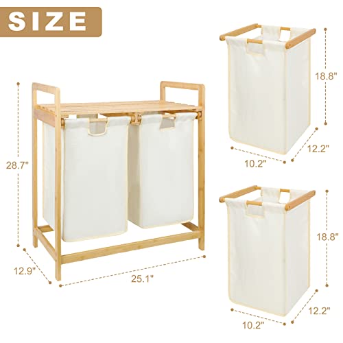 Bellzacasa Bamboo Laundry Hamper Shelf 2 Section Hamper Laundry Basket Bamboo Laundry Organizer with 2 Removable Beige Liner Bag For Bathroom Living Room Bedroom