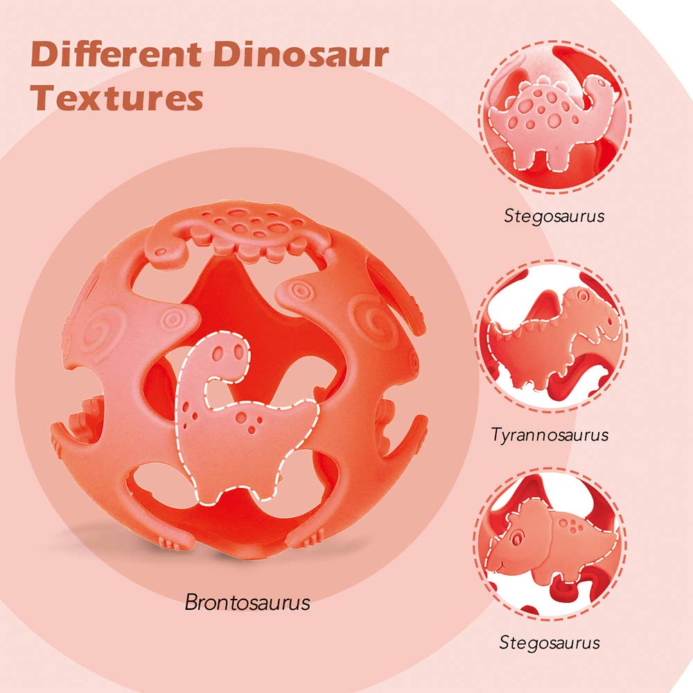 Baby Teething Toys for 3+ Months, Dinosaur Teethers for Babies, Safe Baby Teether Ball, Baby Teething Pacifier, Soft and Durable Teething Balls, (Red)