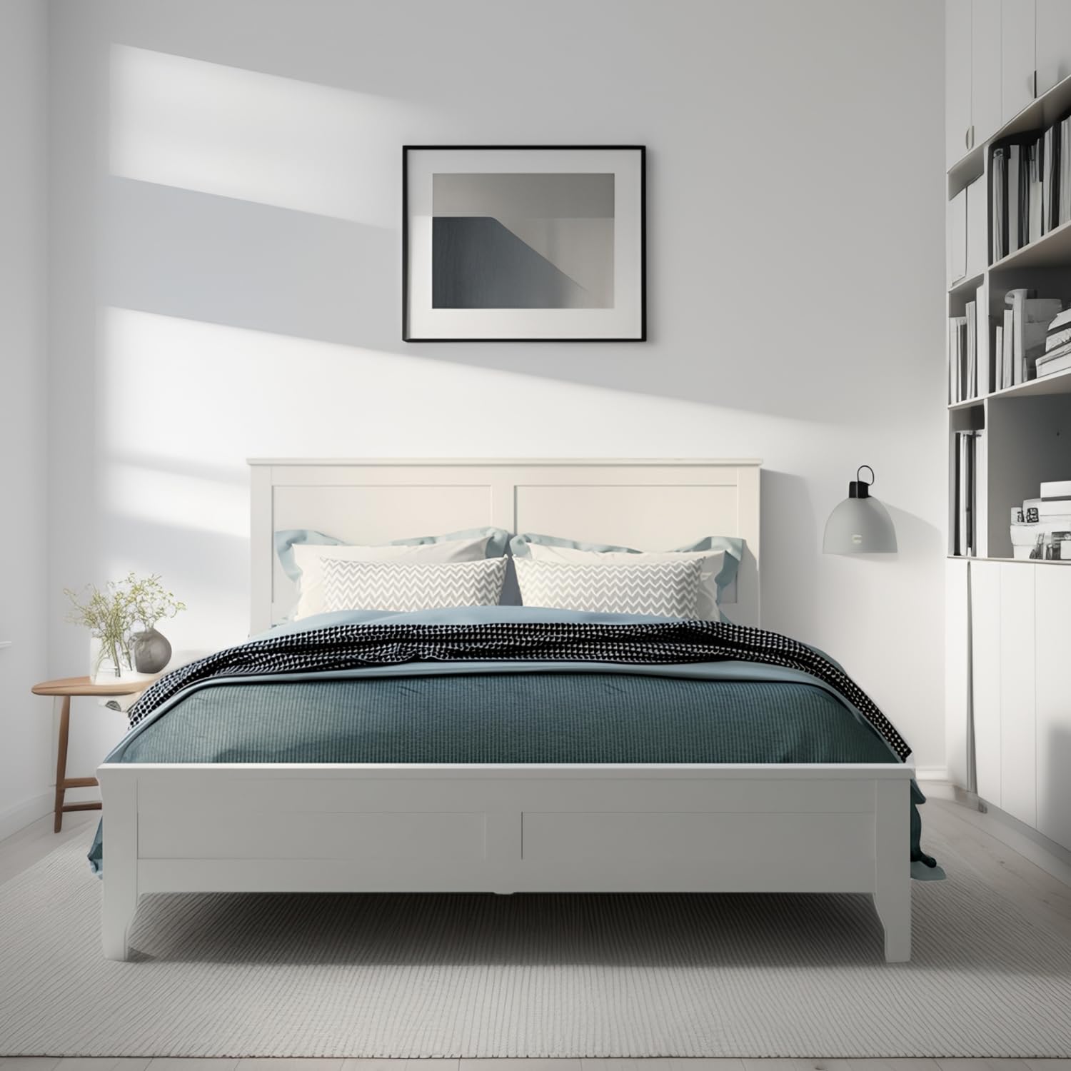 AOCOROE Solid Wood Full Bed Frame, Wooden Full Bed, Full Platform Bed with Headboard, Foot Board and Slats, No Box Spring Needed, White