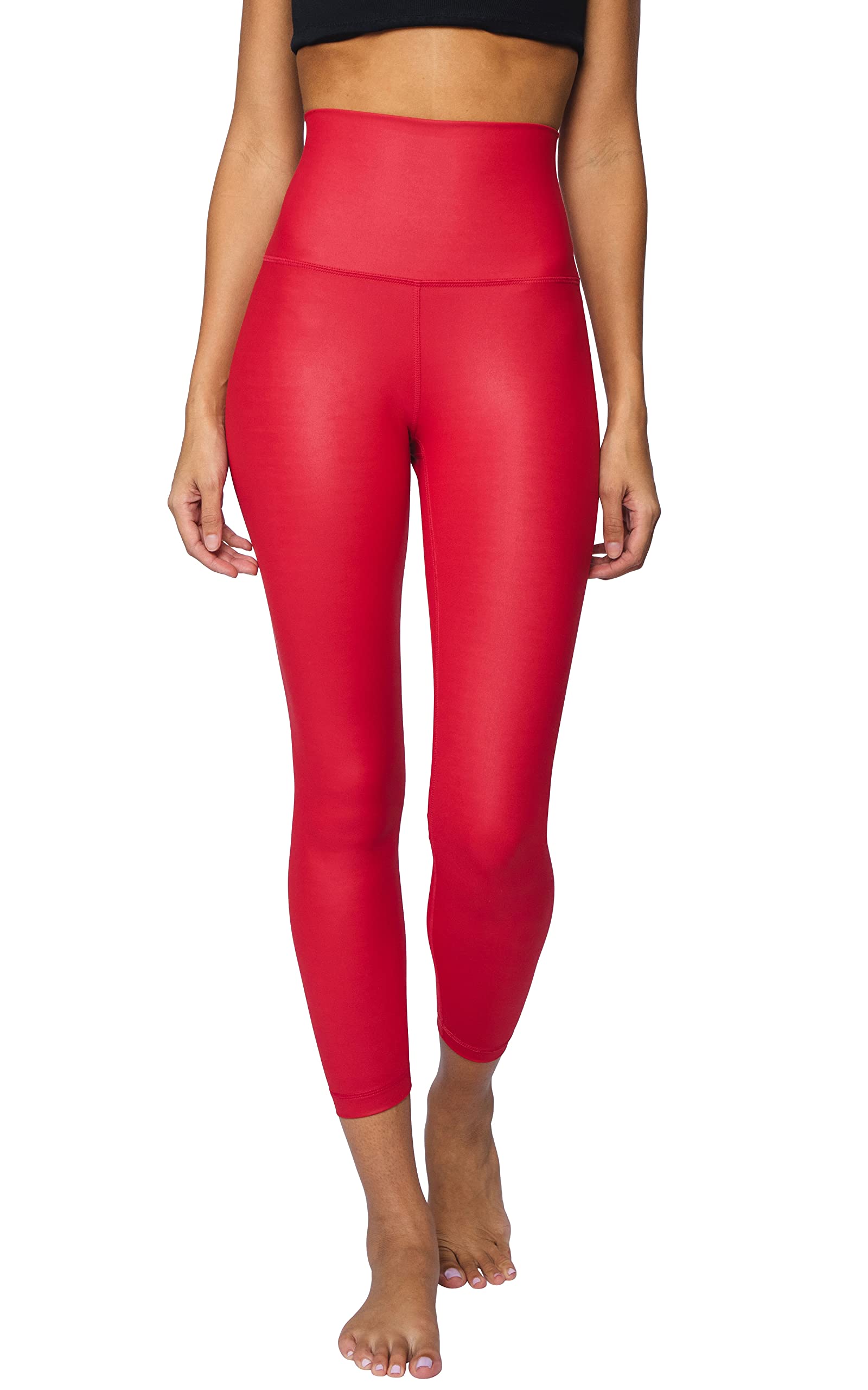 90 Degree By Reflex Womens High Waist High Shine Faux Leather Disco Ankle Leggings - Scorpio Red Elastic Free Super High Waist - Large