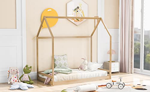 AOCOROE Twin Size House Bed Frame Floor Montessori House Bed Canopy Bed for Boys and Girls. House Shaped Wood Twin Bed Frame Without Slats, Natural