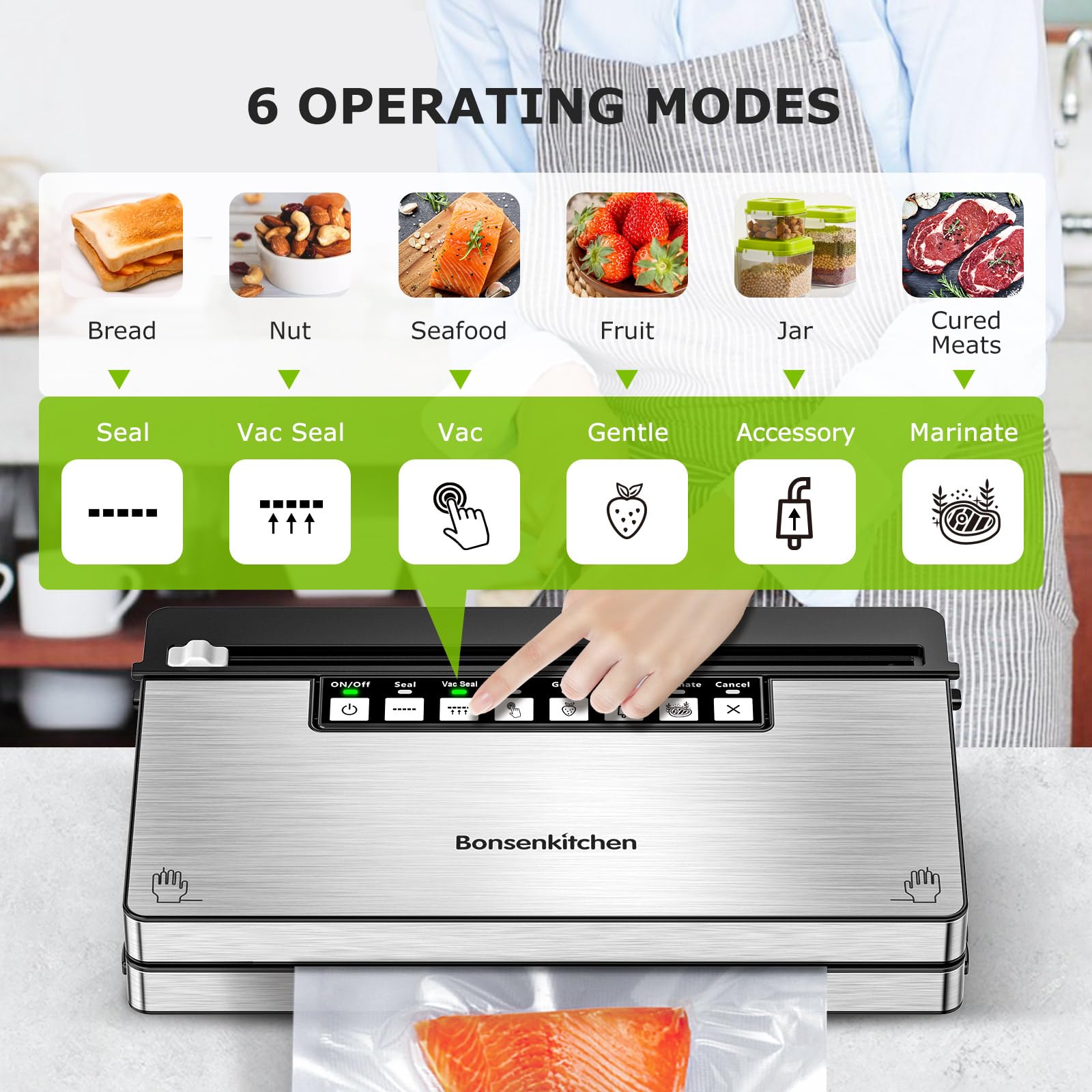 Bonsenkitchen Vacuum Sealer Machine, Stainless Steel Vacuum Food Sealer with 8-in-1 Vacuum Sealing System, 6 Food Vacuum Modes, Built-in Cutter and Bag Storage, Fully Starter Kits (Bright Silver)