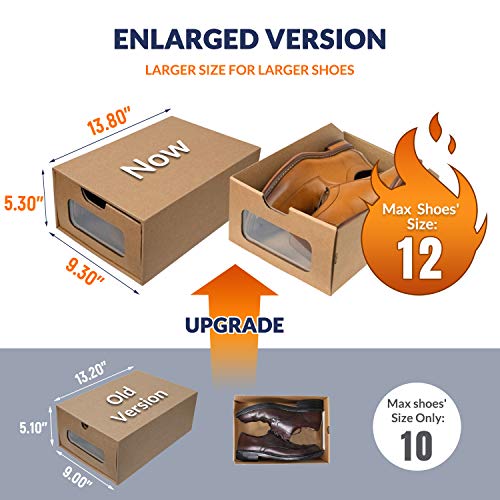WALL QMER Shoes Box, 12 Pack, Big Size(13.8 x 9.3 x 5.3in), Waterproof Cardboard, Heavy Duty, Stackable, Stable Storage Boxes, with Marking Labels, Transparent Window