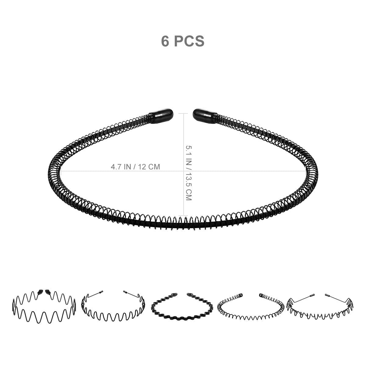 90s Japanese Wavy Hairbands, Unisex Elastic Non-Slip Metal Hair Hoops, 6 Pack