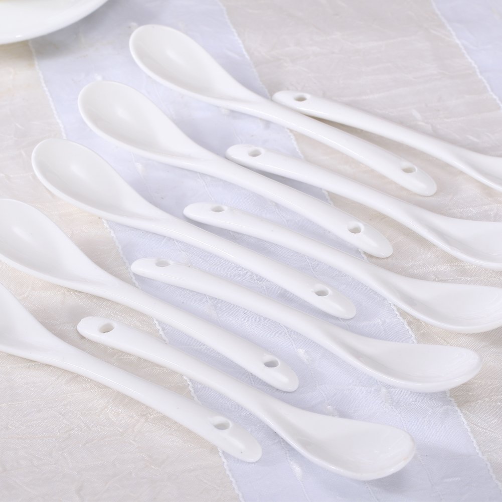 AWHOME White Porcelain Spoons Coffee, Tea, Yogurt and Ice-cream, Cutlery Fitting Ceramic Spoons 5 Inch Set of 10