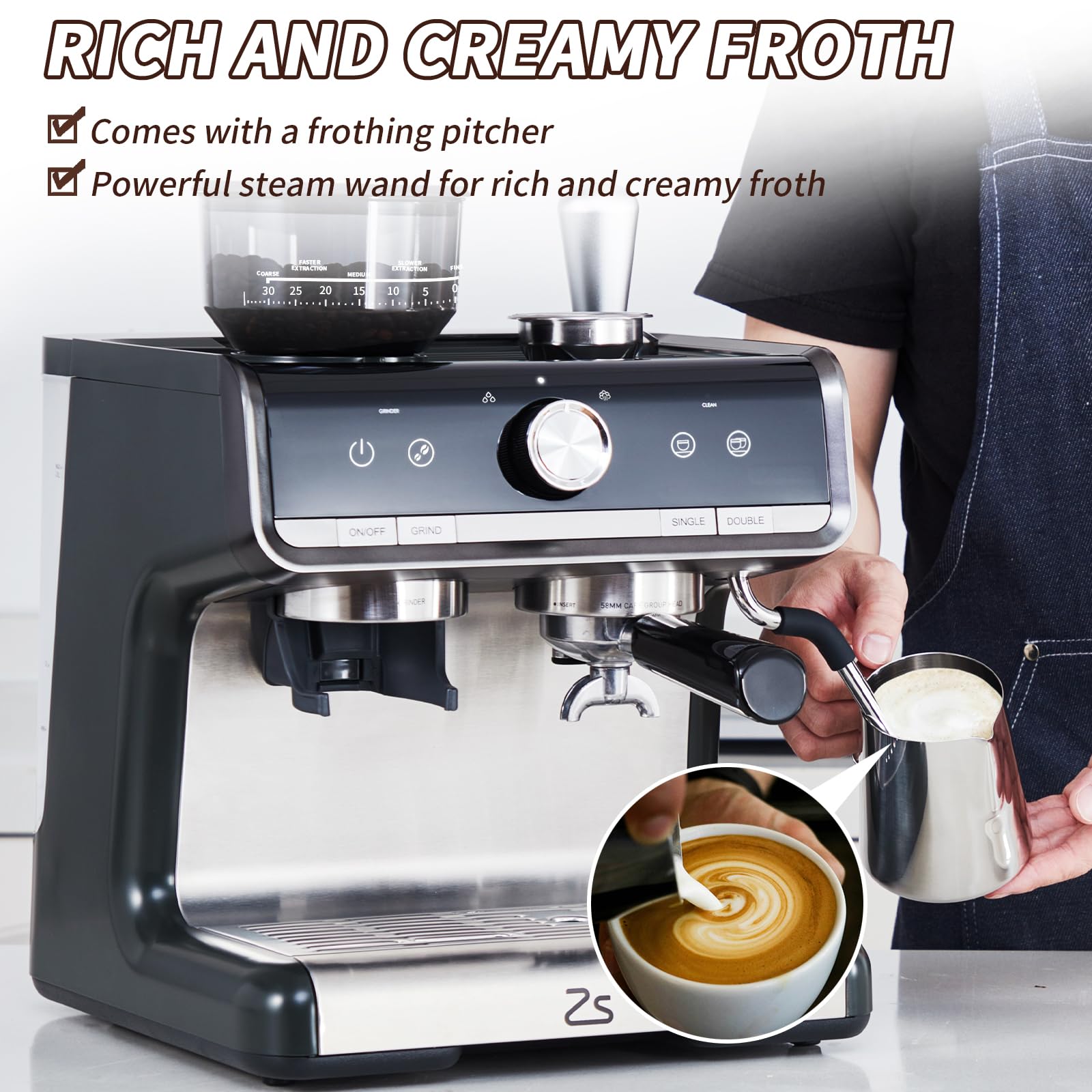 Espresso Machine with Grinder, 20 Bar Espresso Maker with Milk Frother Steam Wand, Professional Cappuccino Latte Maker, Gifts for Dad, Mom, Coffee Lover or Housewarming