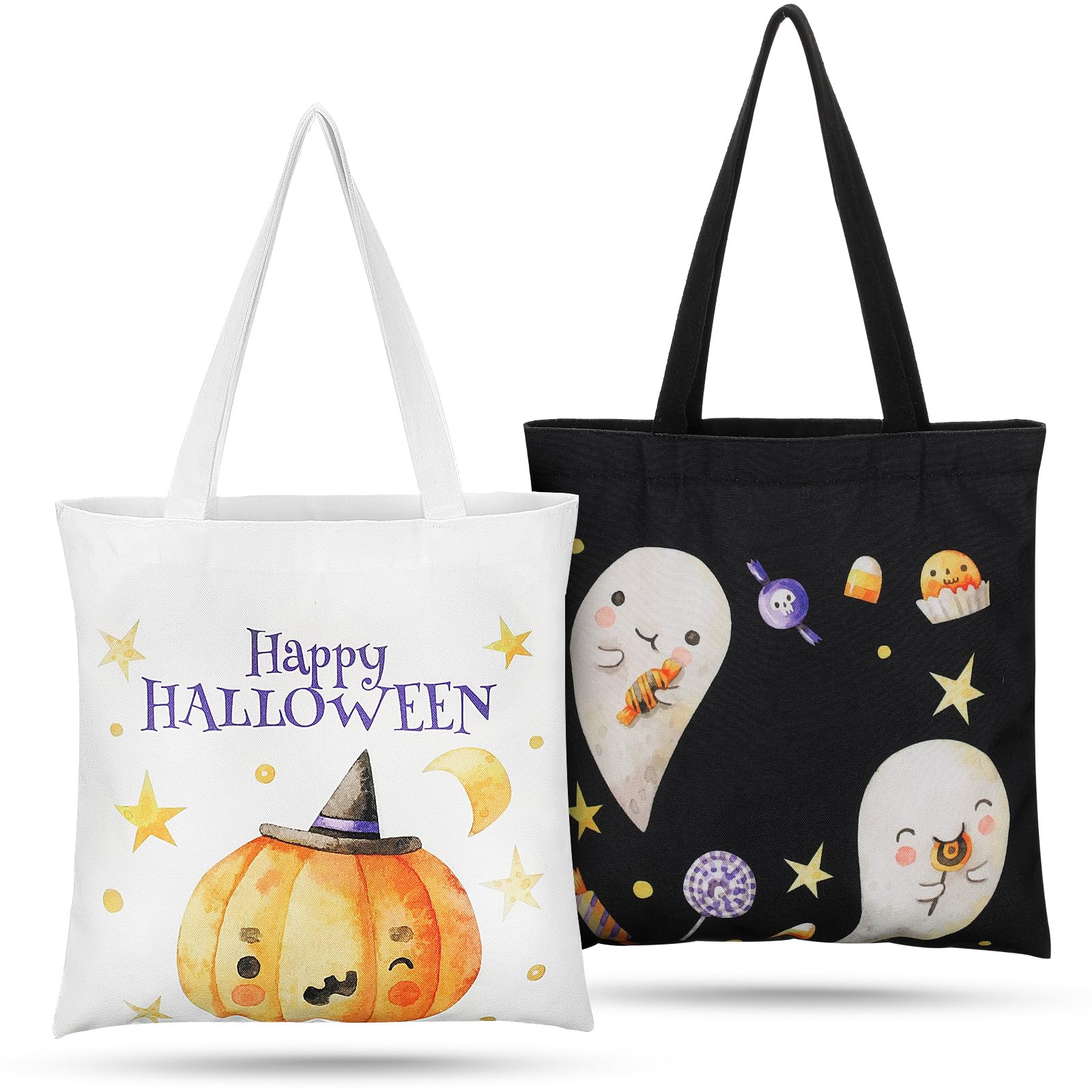 LEIFIDE 2 Pieces Halloween Bag Reusable Canvas Candy Bag Large Happy Halloween Pumpkin Bag Ghost Goody Bag for Halloween Party Favor Grocery Shopping, 12.99 x 12.6 Inch