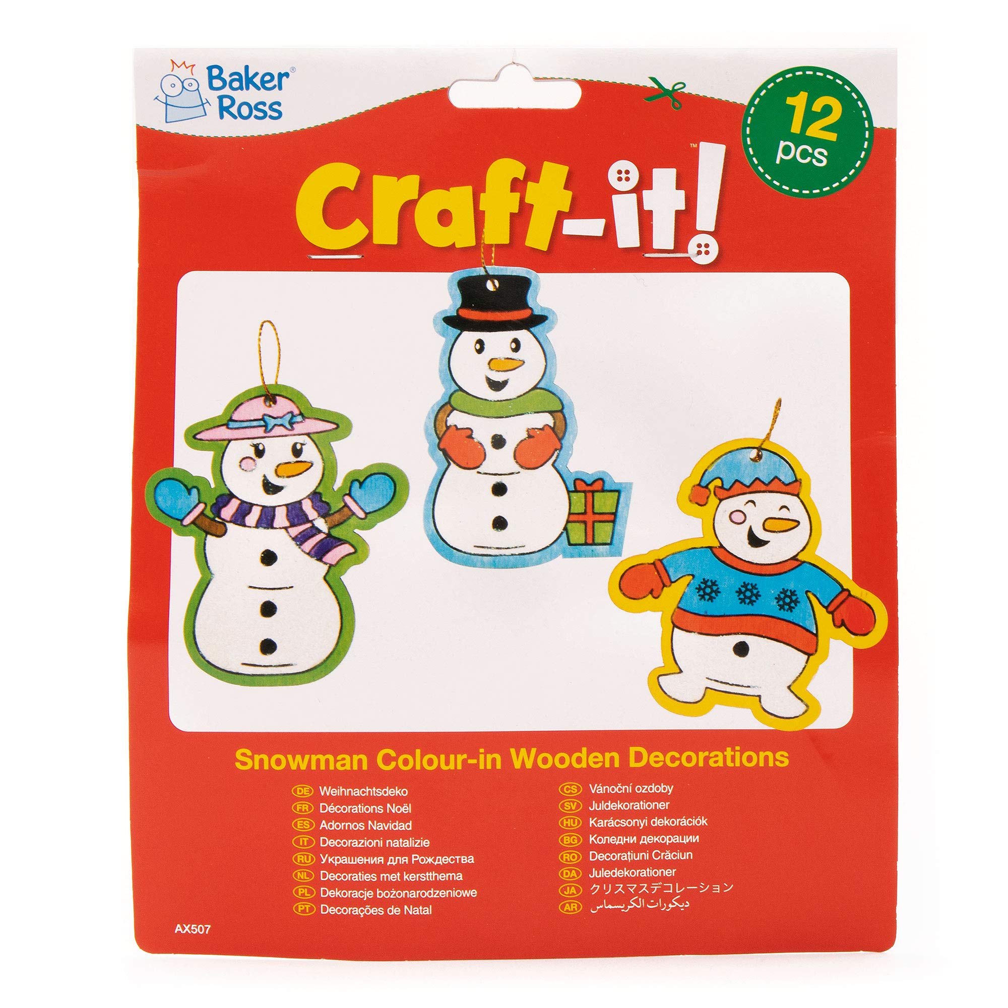 Baker Ross AX507 Snowman Wooden Decorations - Pack of 12, Christmas Decorations for Kids to Decorate and Display, Ideal Kids Arts and Crafts Project