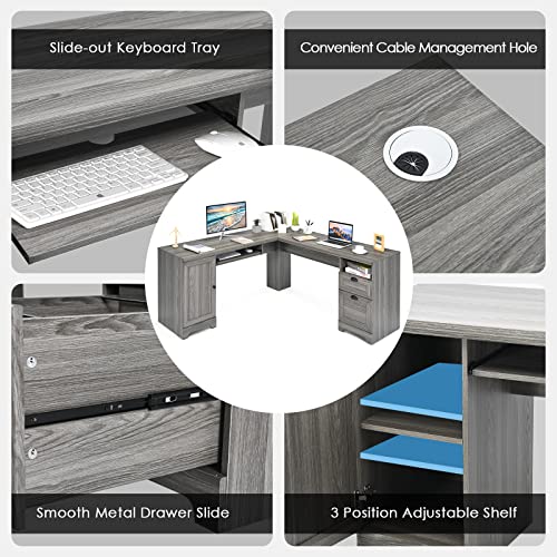 Tangkula 66" × 66" L-Shaped Desk, Corner Computer Desk with Drawers Keyboard Tray and Storage Cabinet, Home Office Desk, Sturdy and Space-Saving Computer Workstation