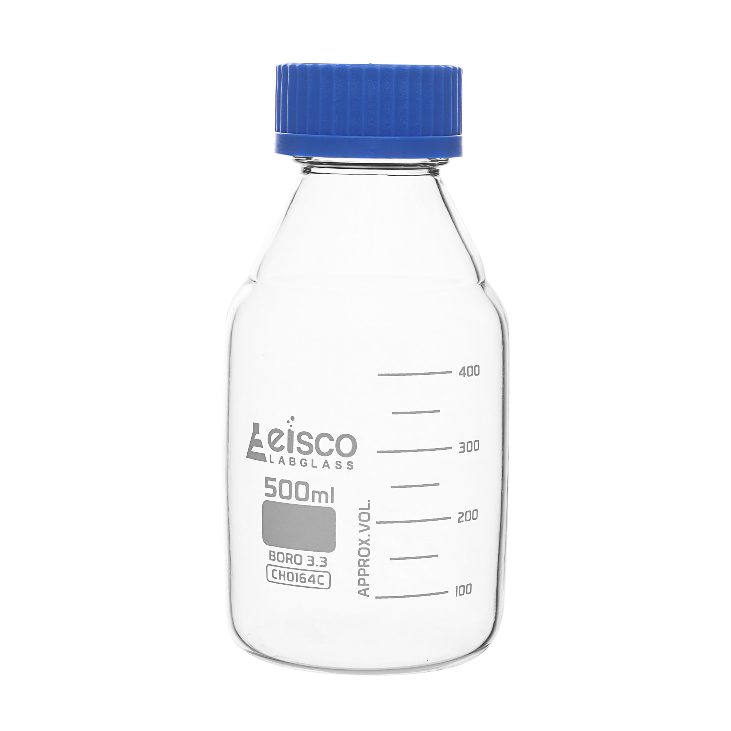 EISCO Reagent Bottle, 500ml - Transparent with Blue Screw Cap - White Graduations - Borosilicate 3.3 Glass
