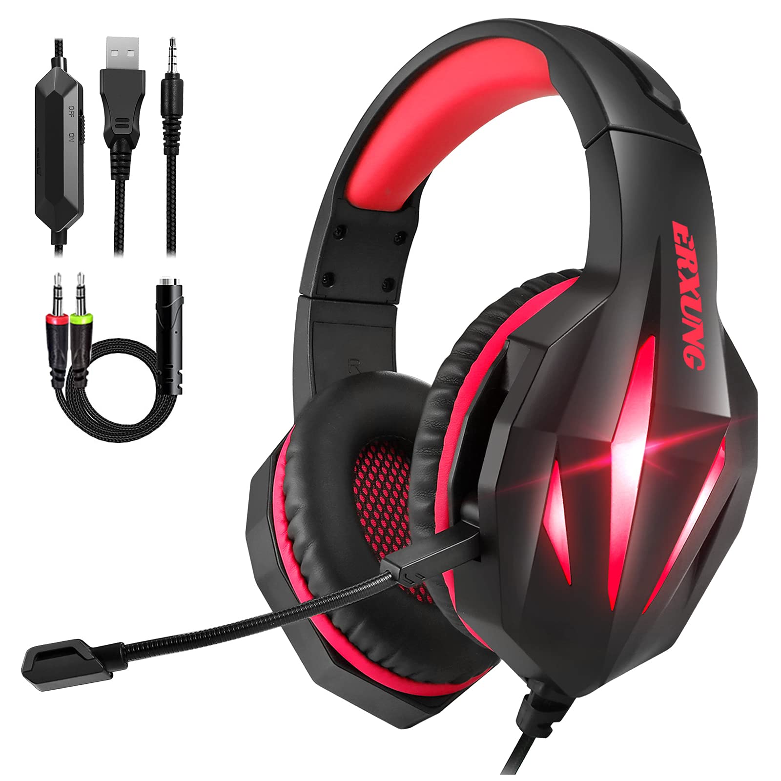 ACCOF Gaming Headset for PC PS4 PS5 Xbox One Controller, Stereo Surround Sound Gamer Headphone with Mic Noise Cancelling,LED Light Soft Memory Earmuffs for Laptop Mac Switch Tablet
