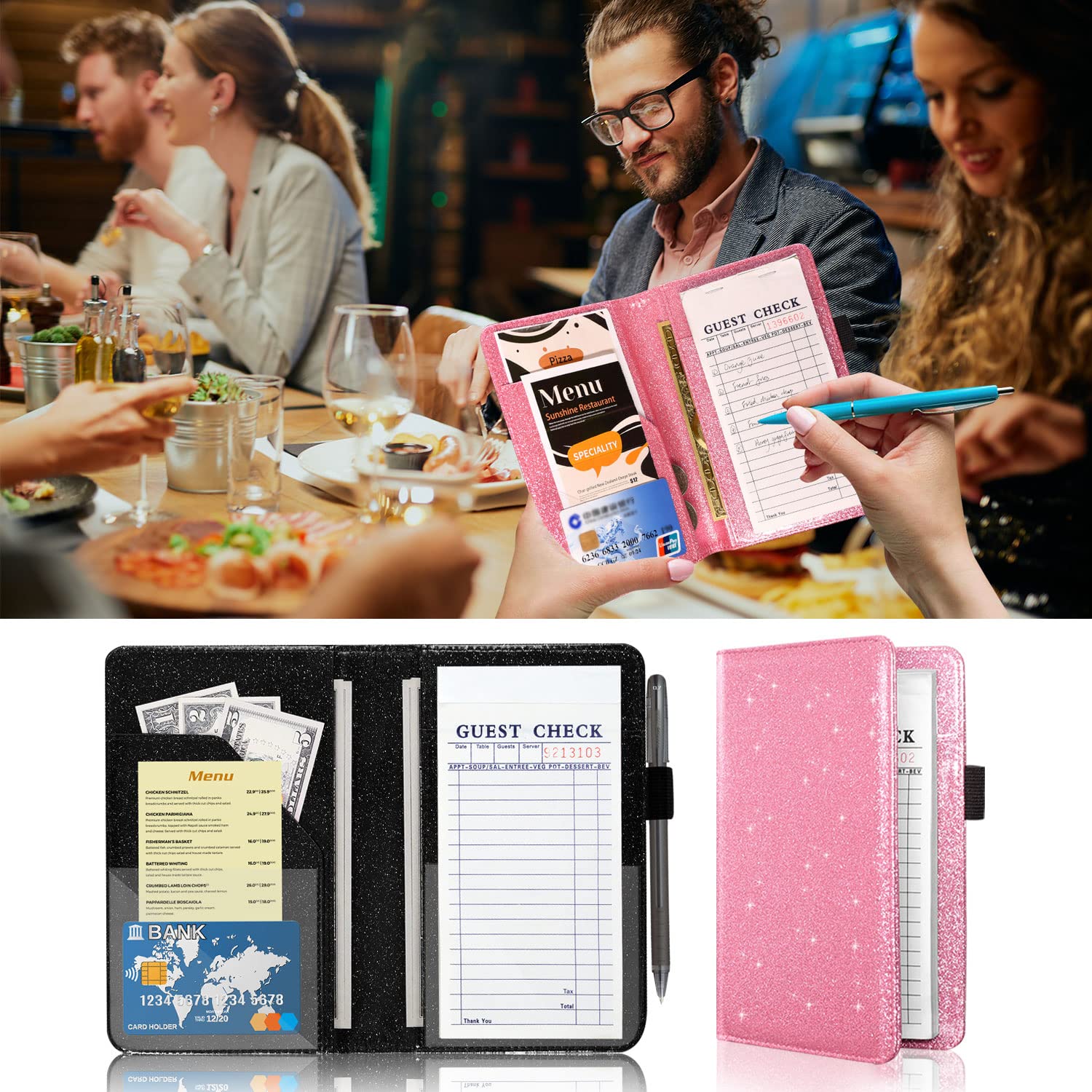 ACdream Server Books for Waitress, Guest Book Note Pad, Cute Pocket Leather Money Organizer Wallet, Cash Check Bill Receipt Holder Presenter, Waiter Accessories Fit Server Apron