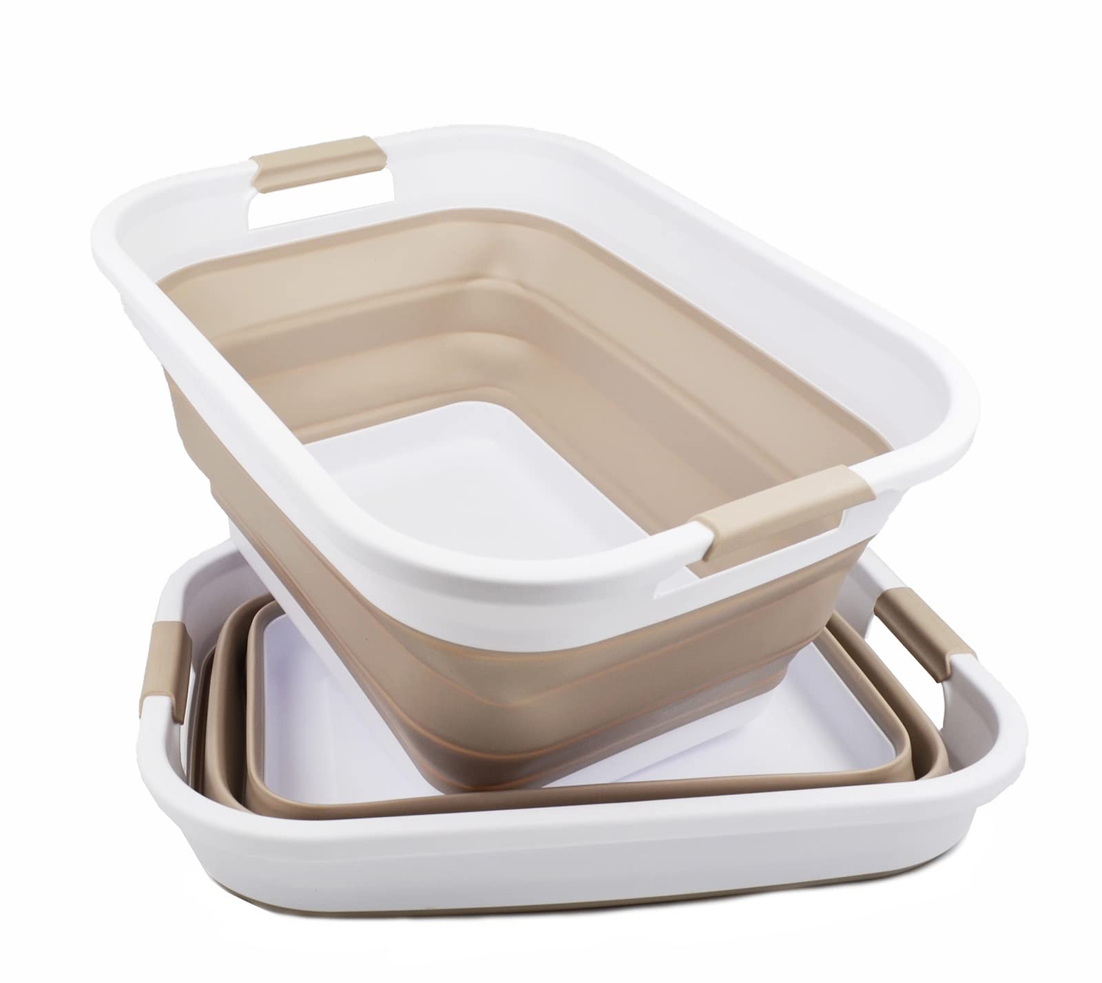 SAMMART 36L (9.5 gallon) Collapsible Plastic Laundry Basket - Foldable Pop Up Storage Container/Organizer - Portable Washing Tub - Space Saving Hamper/Basket (White/Latte (Set of 2))