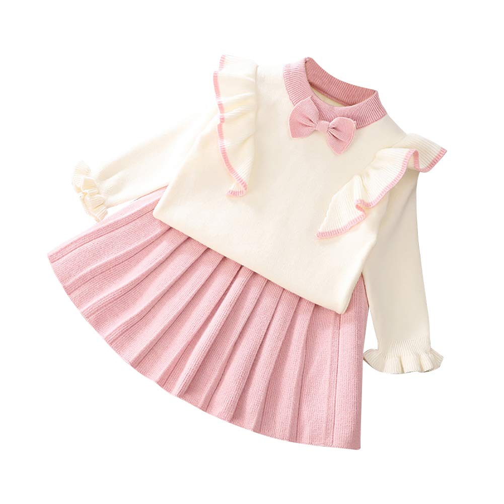 Toddler Baby Girls Outfit Knitted Buttons Sweater Tops Mini Skirt Bowknot Ruffle Long Sleeve Autumn Winter Clothes Set for Kids Christmas Outfits Princess Dress up Knit Crochet Pink 2-3T