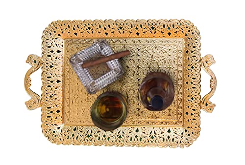 chancegift Turkish Tea Coffee Beverage Dinning Serving Tray with Handled Ottoman Motif Decorative Middle Table Drink Bathroom Rectangular Suitable for Gift (16.5x10.7x1 INC) 42x28x2cm Gold, (A2022)