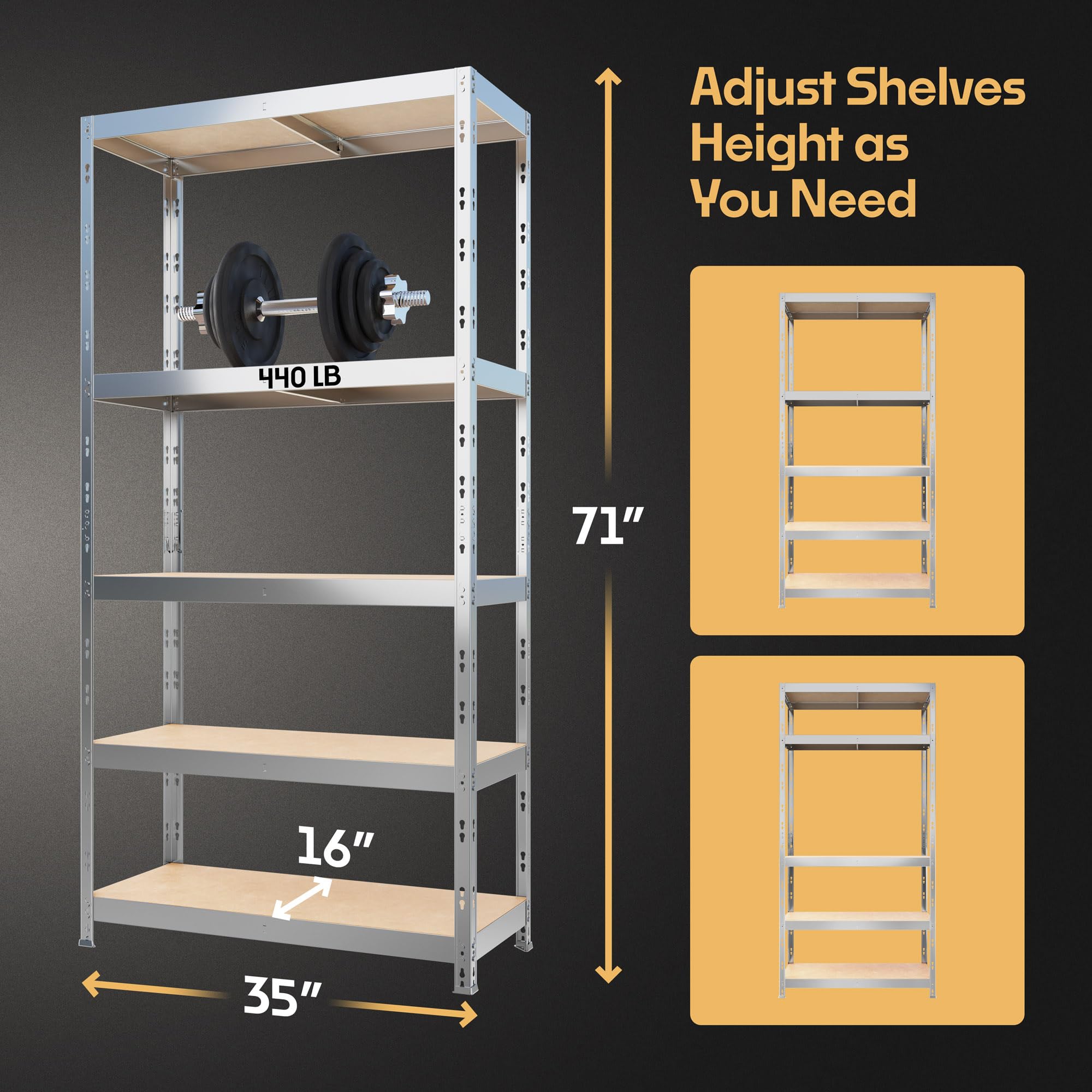Metalkas Storage Shelves: 5 Storage Shelves Heavy Duty w/ 2,200 lb Total Load Capacity, 440 per Storage Shelf, 71x35x16 Perfect Solution for Your Storage Needs, Adjustable Shelving Unit